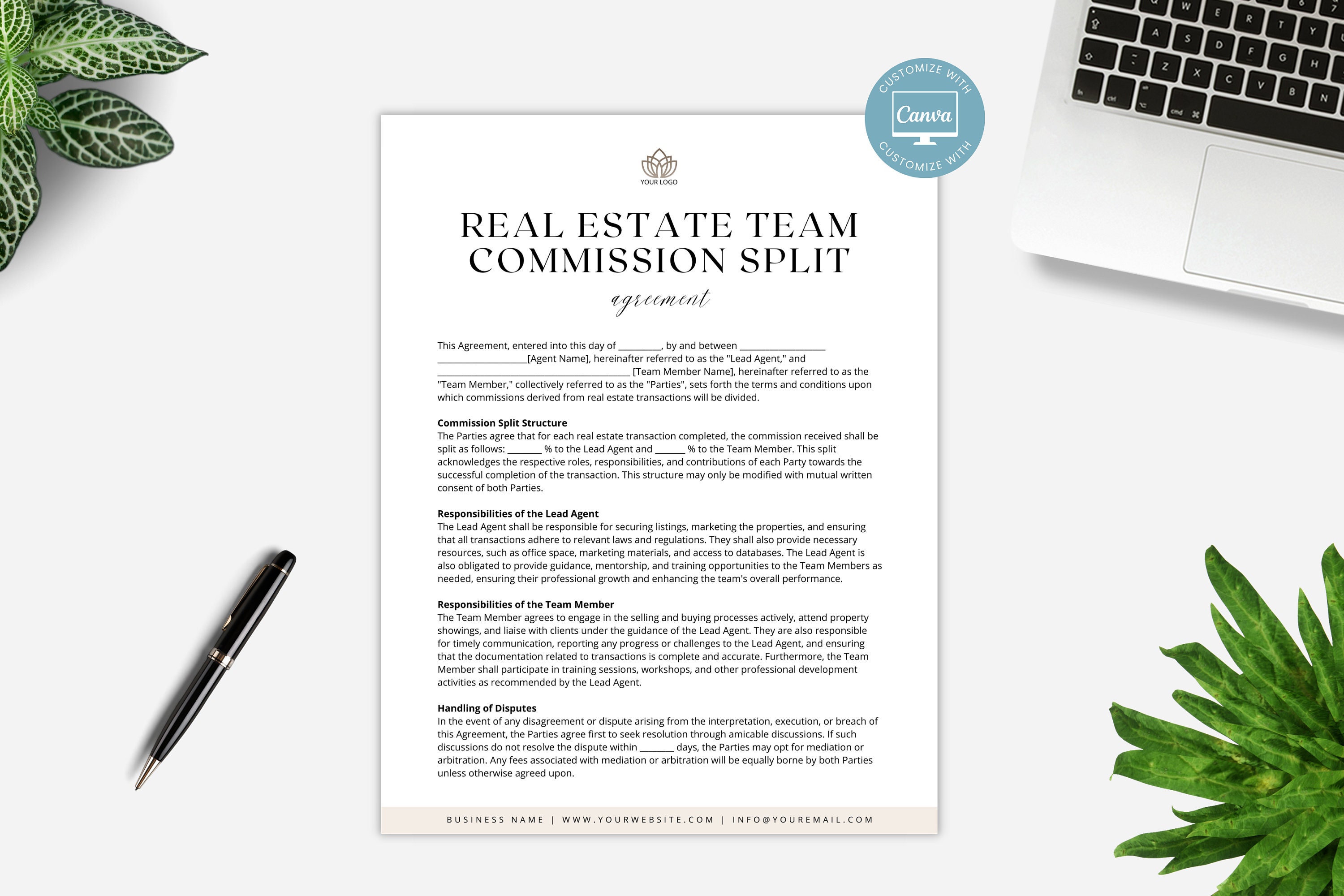 Editable Real Estate Team Commission Split Agreement Template, Realtor ...