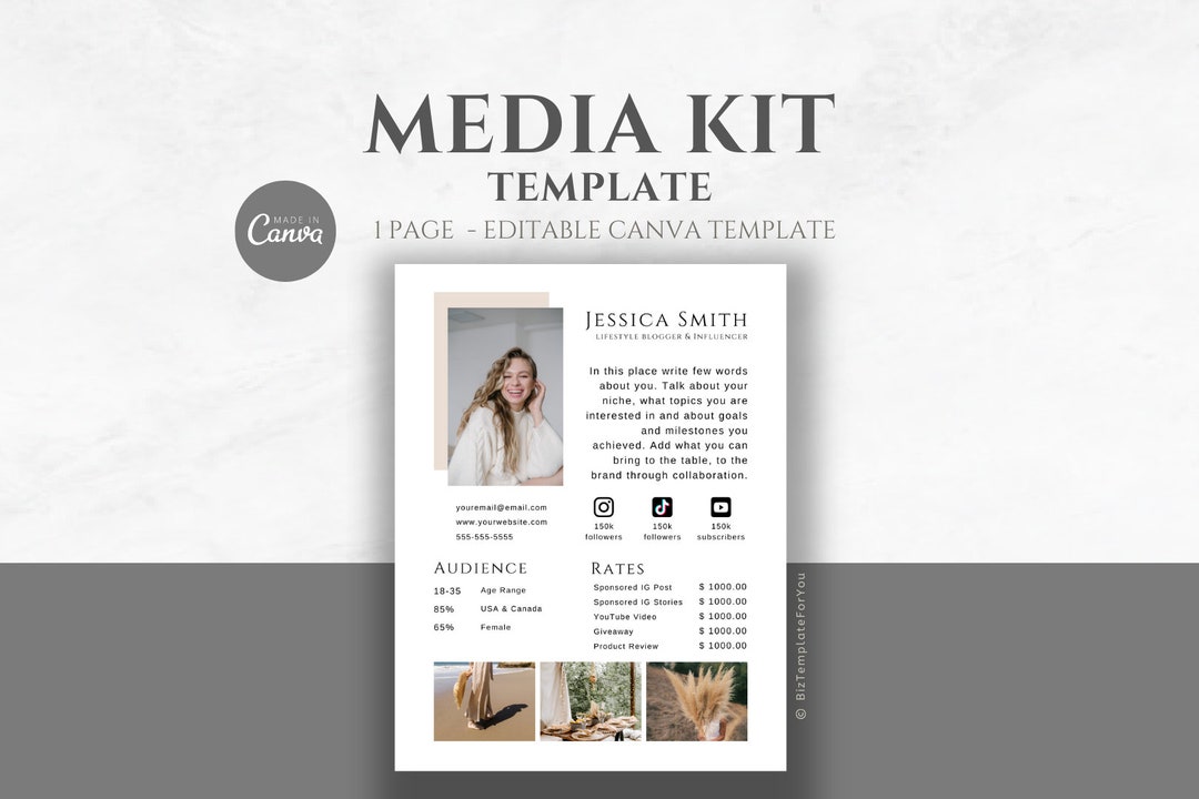 1 Page Media Kit Template, Editable Influencer Media Kit, Influencer ...