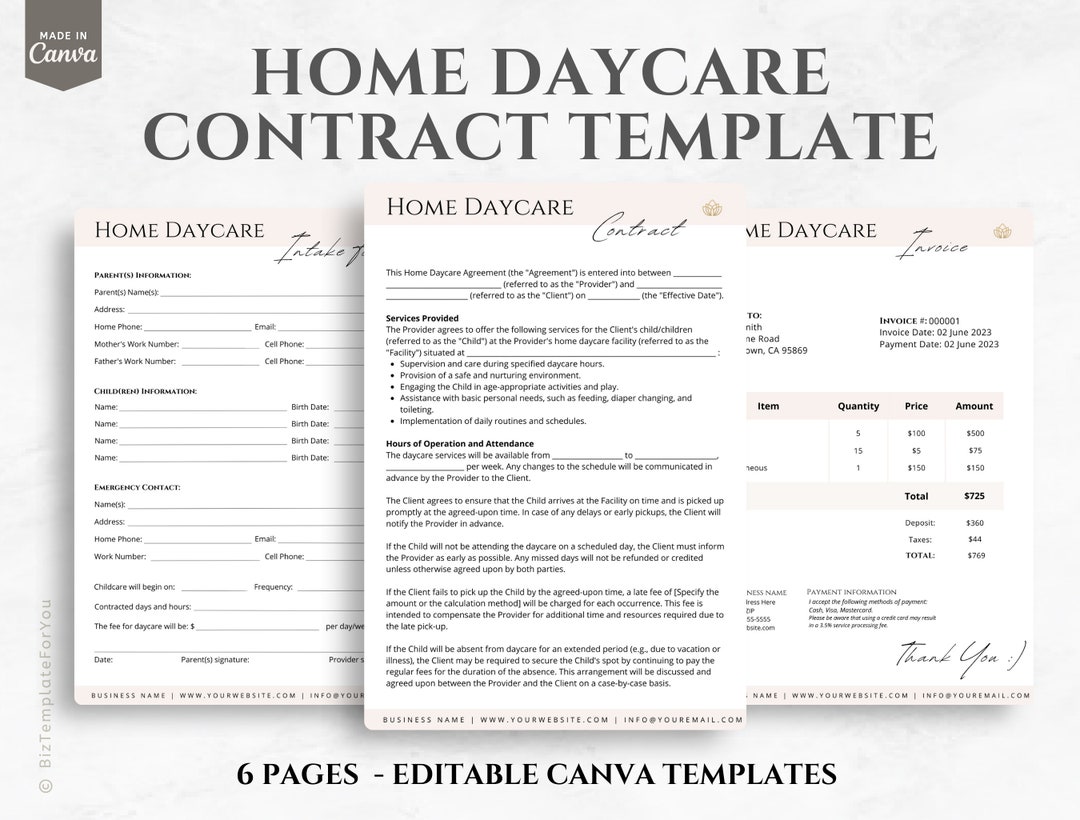 Editable Home Daycare Contract Template Childcare Service - Etsy