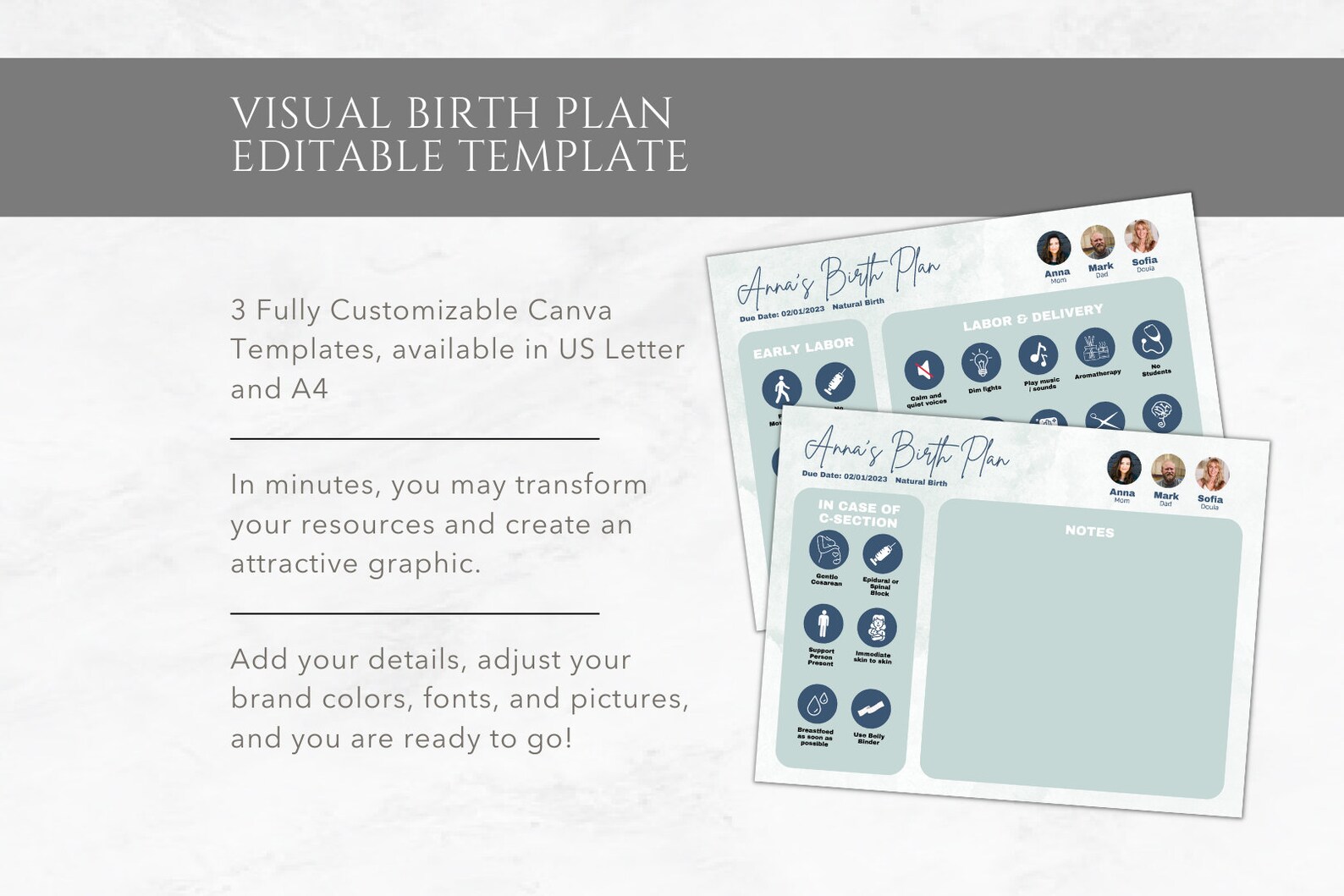 Visual Birth Plan, Fully Editable Canva Template for Doulas, Midwives ...