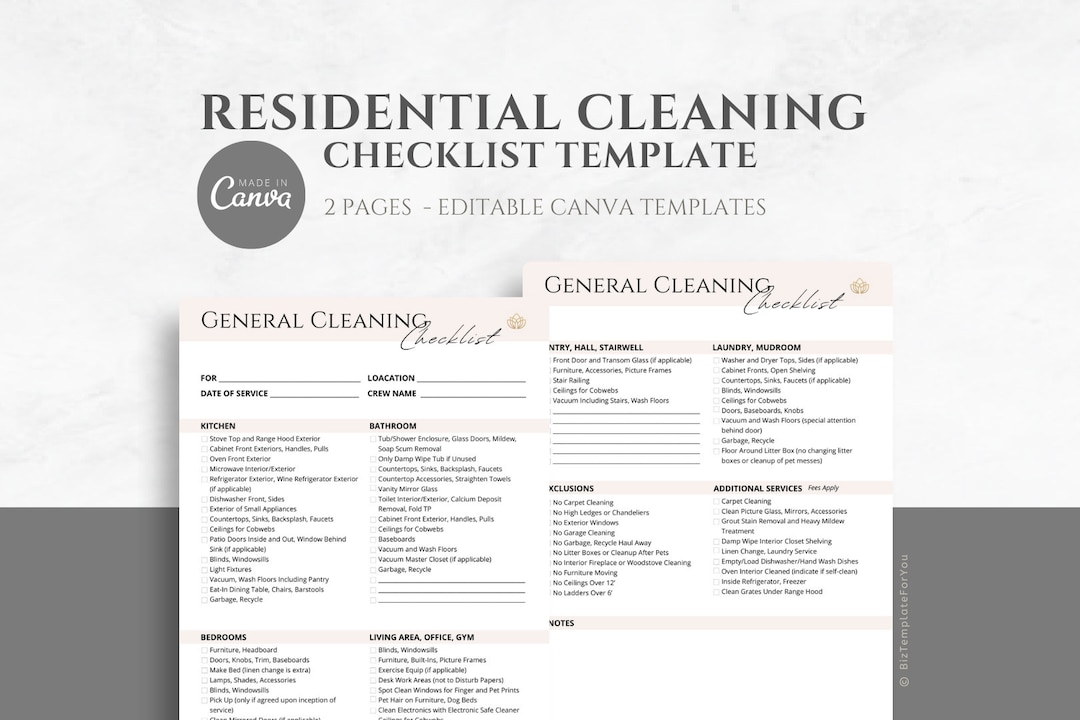 Residential General Cleaning Checklist, Editable House Cleaning ...