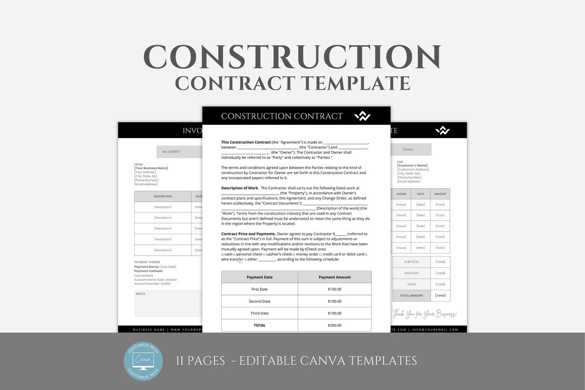 Editable Construction Contract Template, Professional Construction ...