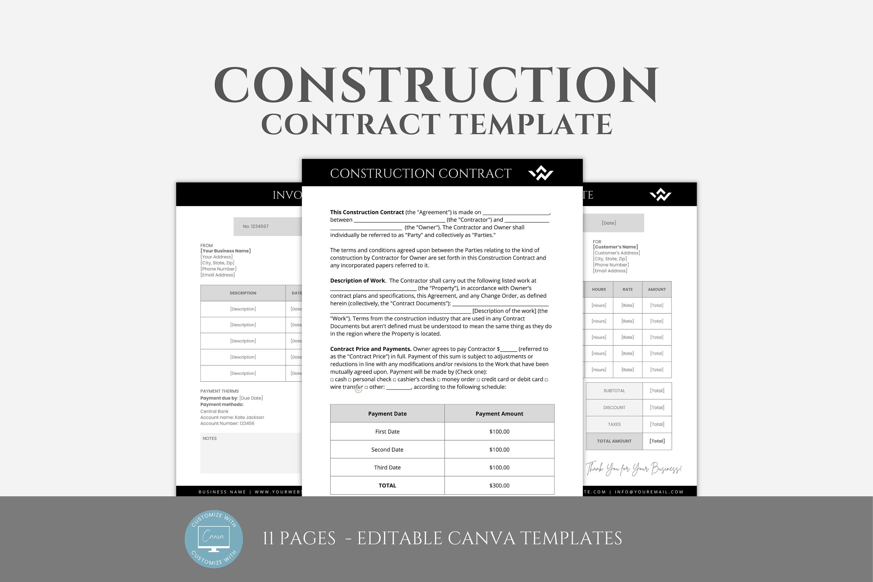 Editable Construction Contract Template, Professional Construction ...