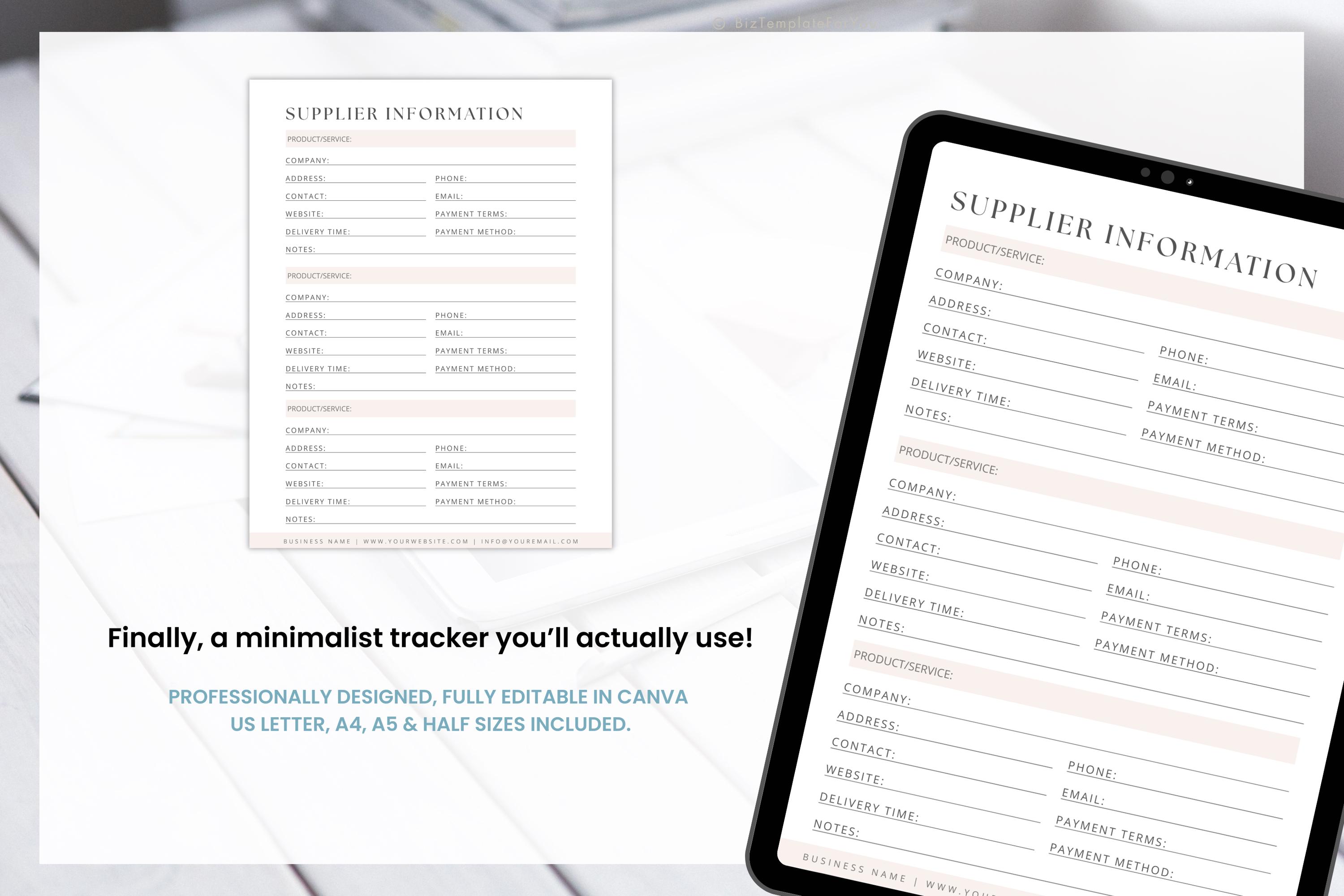 Editable Supplier Information Sheet Template, Vendor Contact Tracker ...