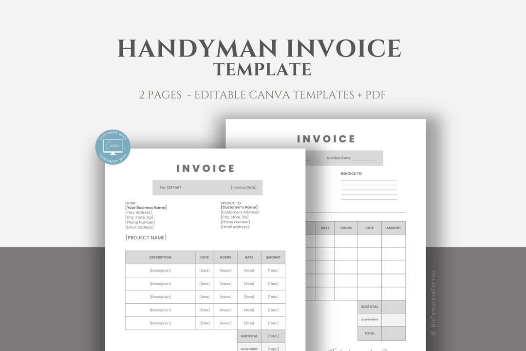 Editable Invoice Template, Printable Handyman Invoice Template, Small ...
