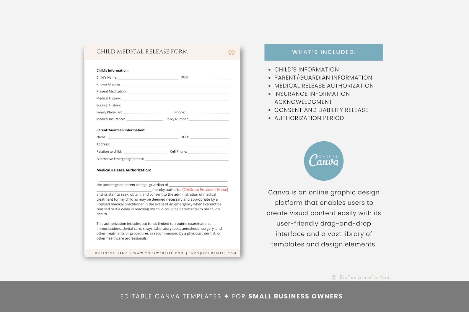 Editable Child Medical Release Form for Childcare Service Providers ...