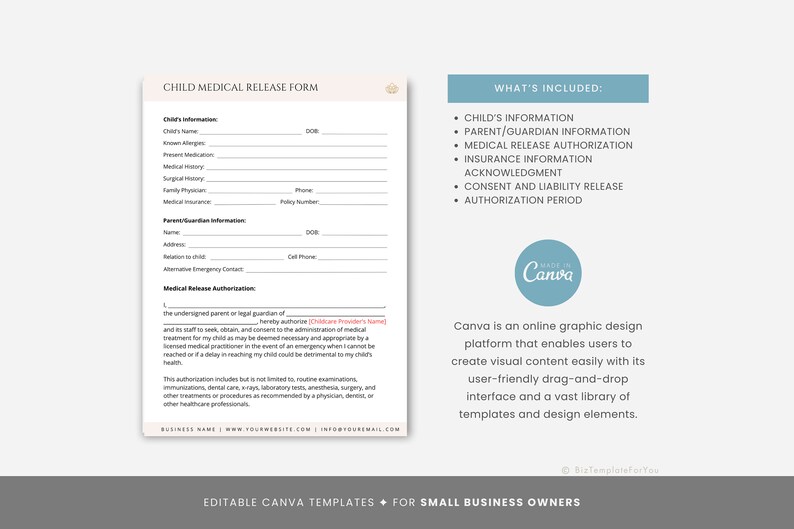 Editable Child Medical Release Form for Childcare Service Providers ...