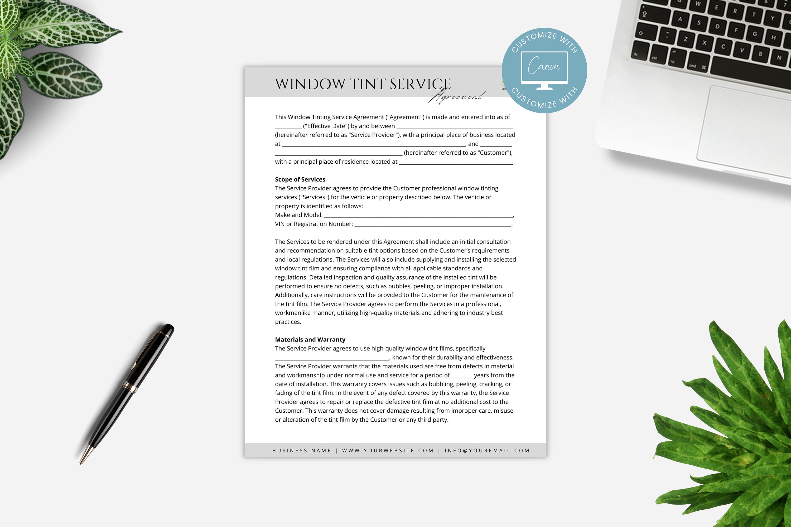 Editable Window Tint Service Agreement Template, Car Window Tinting ...