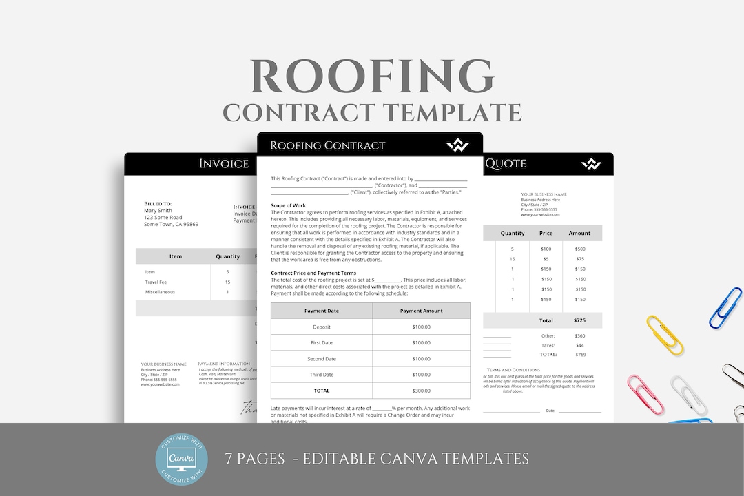 Editable Roofing Contract Template, Professional Contractor Service ...
