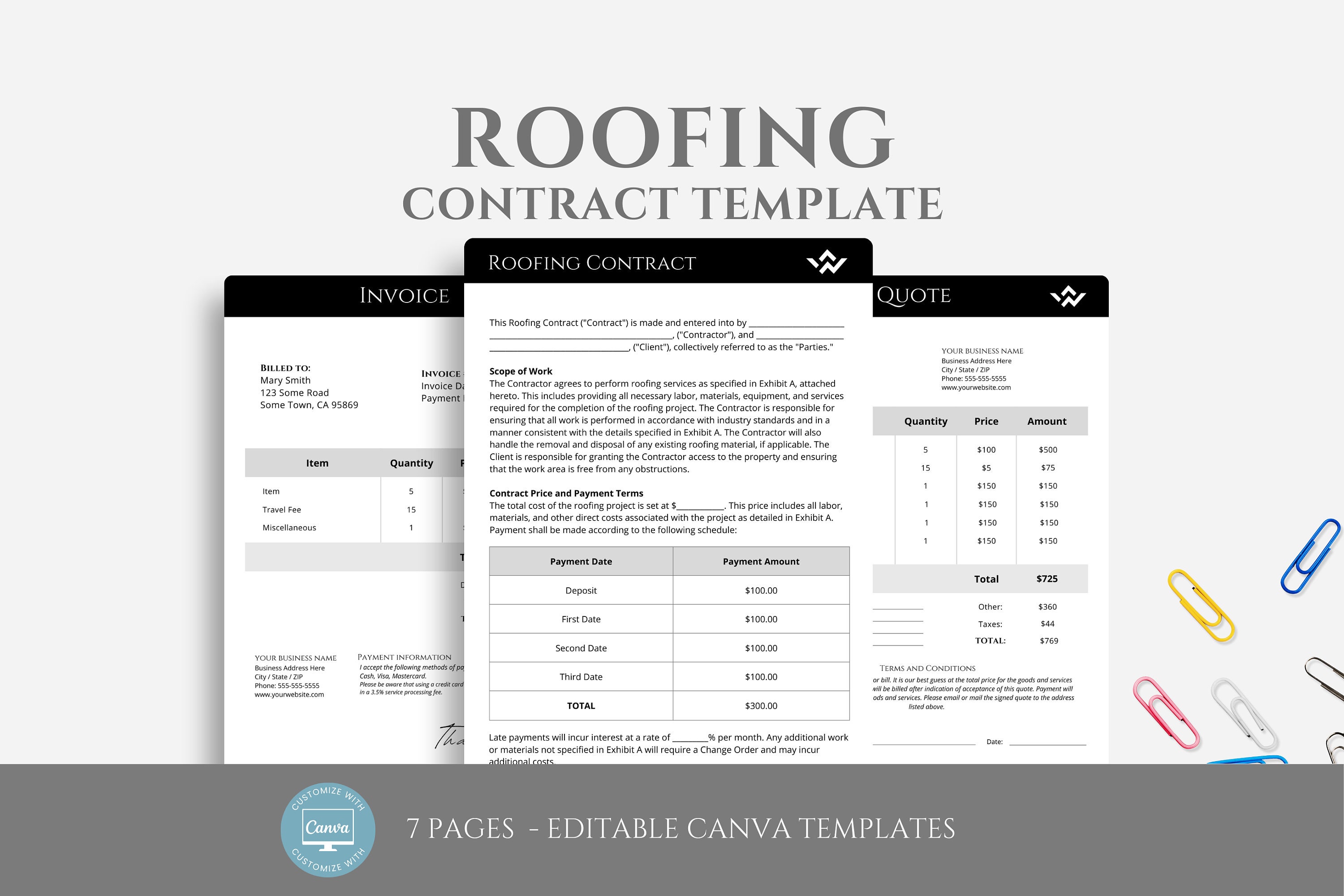 Editable Roofing Contract Template, Professional Contractor Service ...