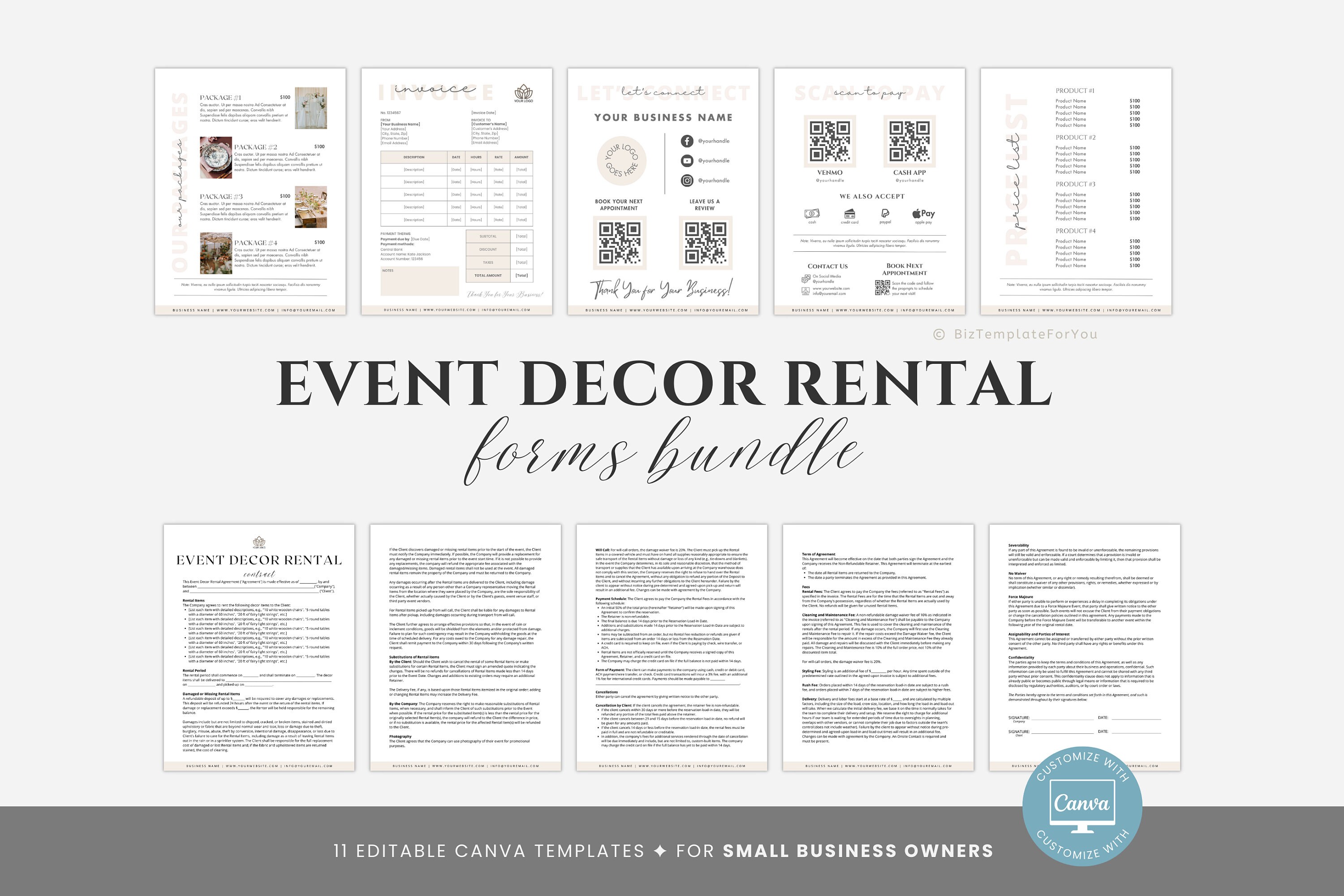Editable Event Decor Rental Forms Bundle, Party Equipment Rental ...