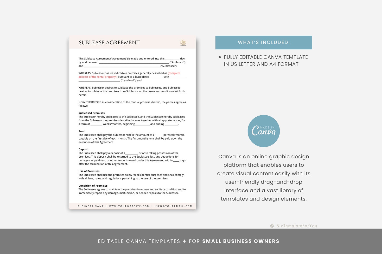 Editable Sublease Agreement Template, Sub Lease Agreement, Rental Lease ...