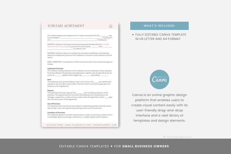 Editable Sublease Agreement Template, Sub Lease Agreement, Rental Lease ...