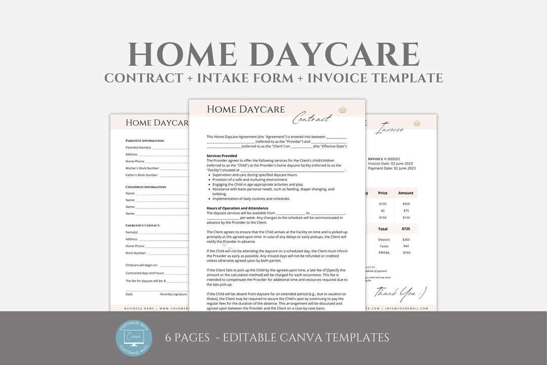 Editable Home Daycare Contract Template, Childcare Service Agreement ...