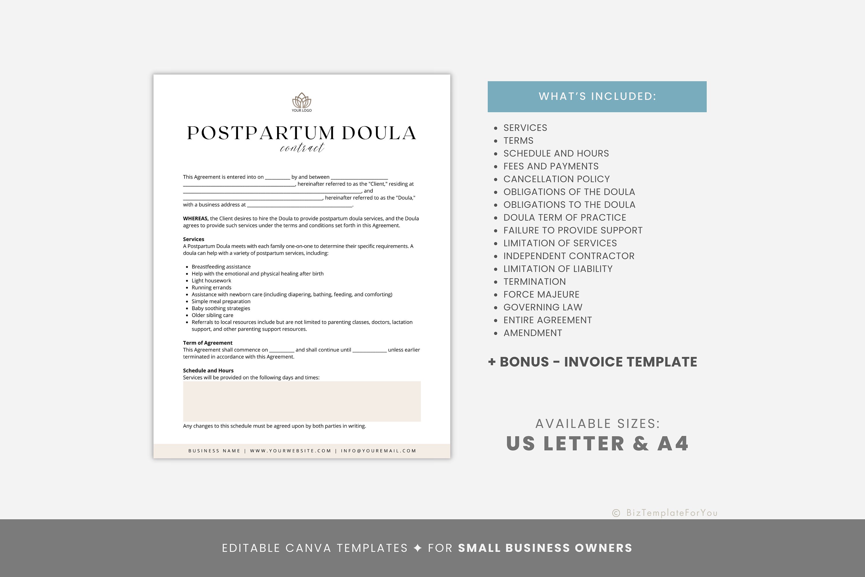 Editable Postpartum Doula Service Agreement, Postpartum Doula Contract ...