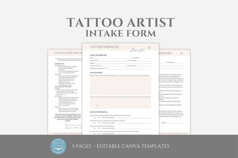 Editable Tattoo Intake Form, Client Intake Form, Tattoo Consent Form ...