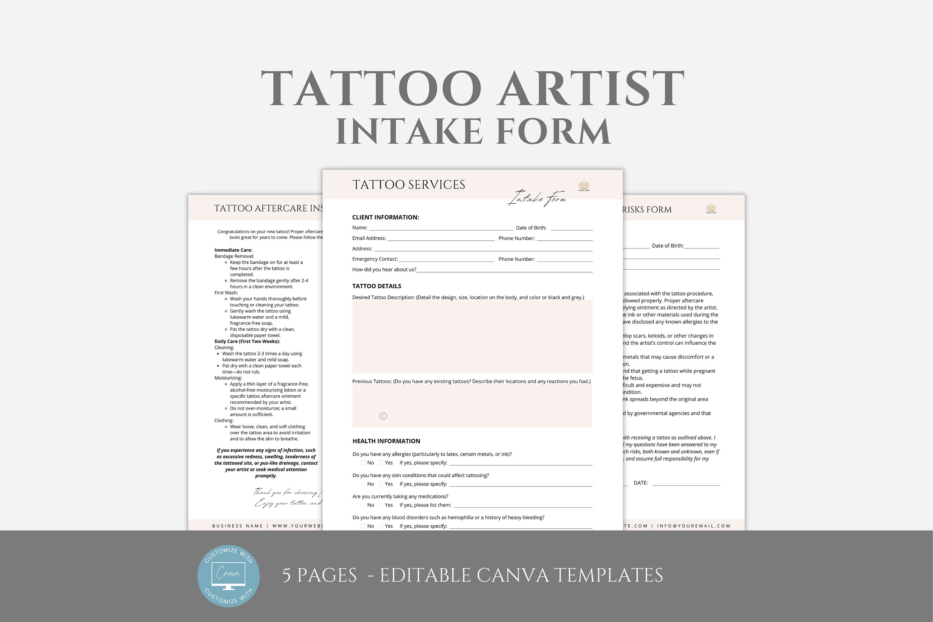 Editable Tattoo Intake Form, Client Intake Form, Tattoo Consent Form ...