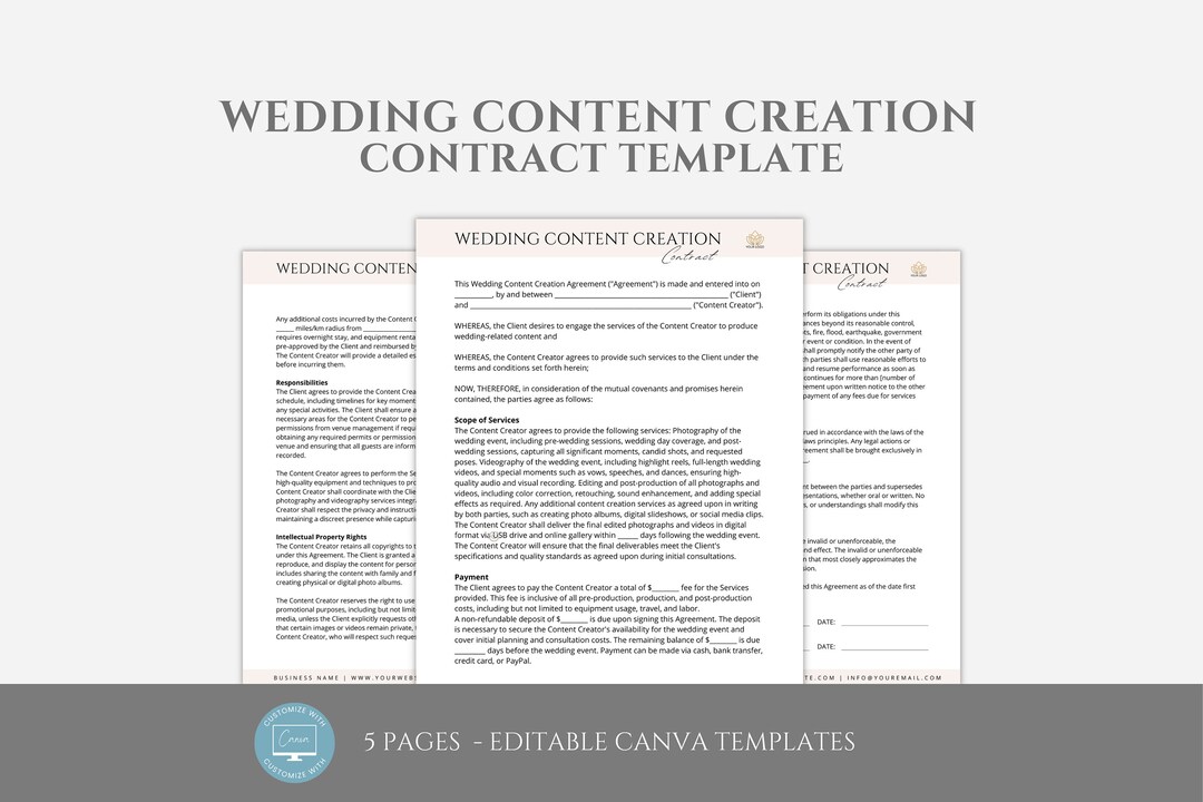 Editable Wedding Content Contract Template, Freelance Content Creator ...
