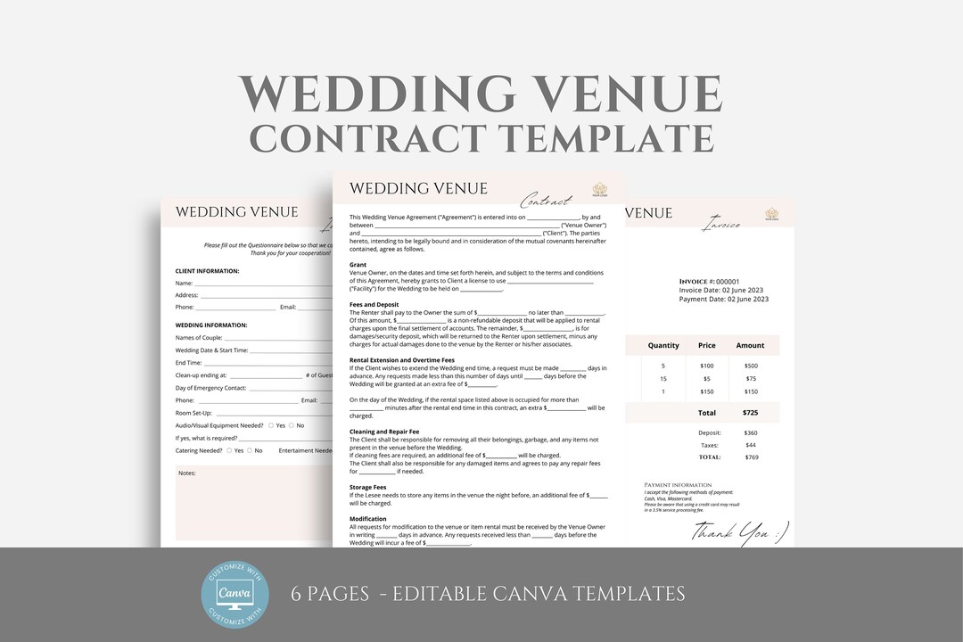 Editable Wedding Venue Contract Template, Venue Rental Agreement, Event ...