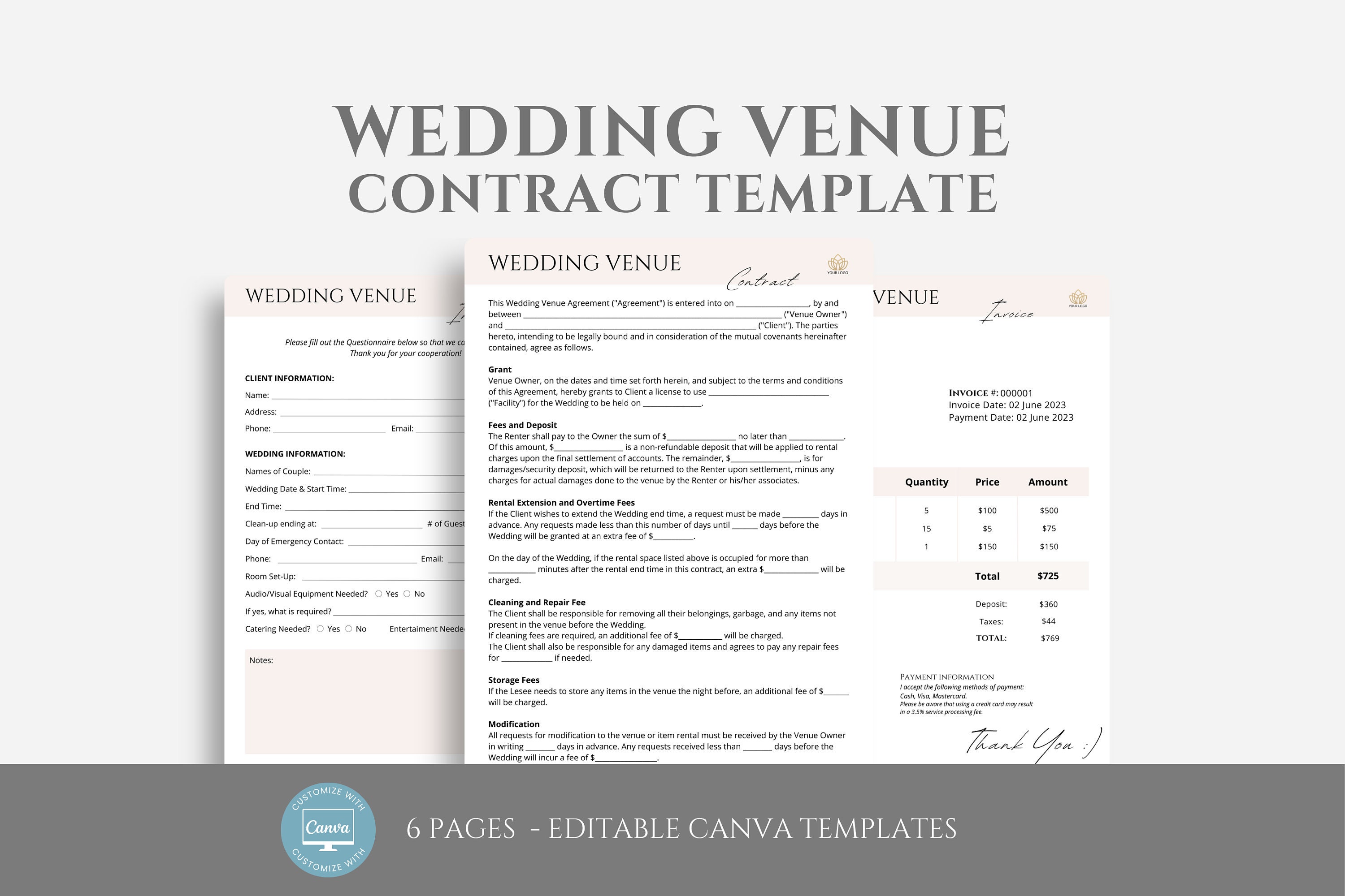 Editable Wedding Venue Contract Template, Venue Rental Agreement, Event ...