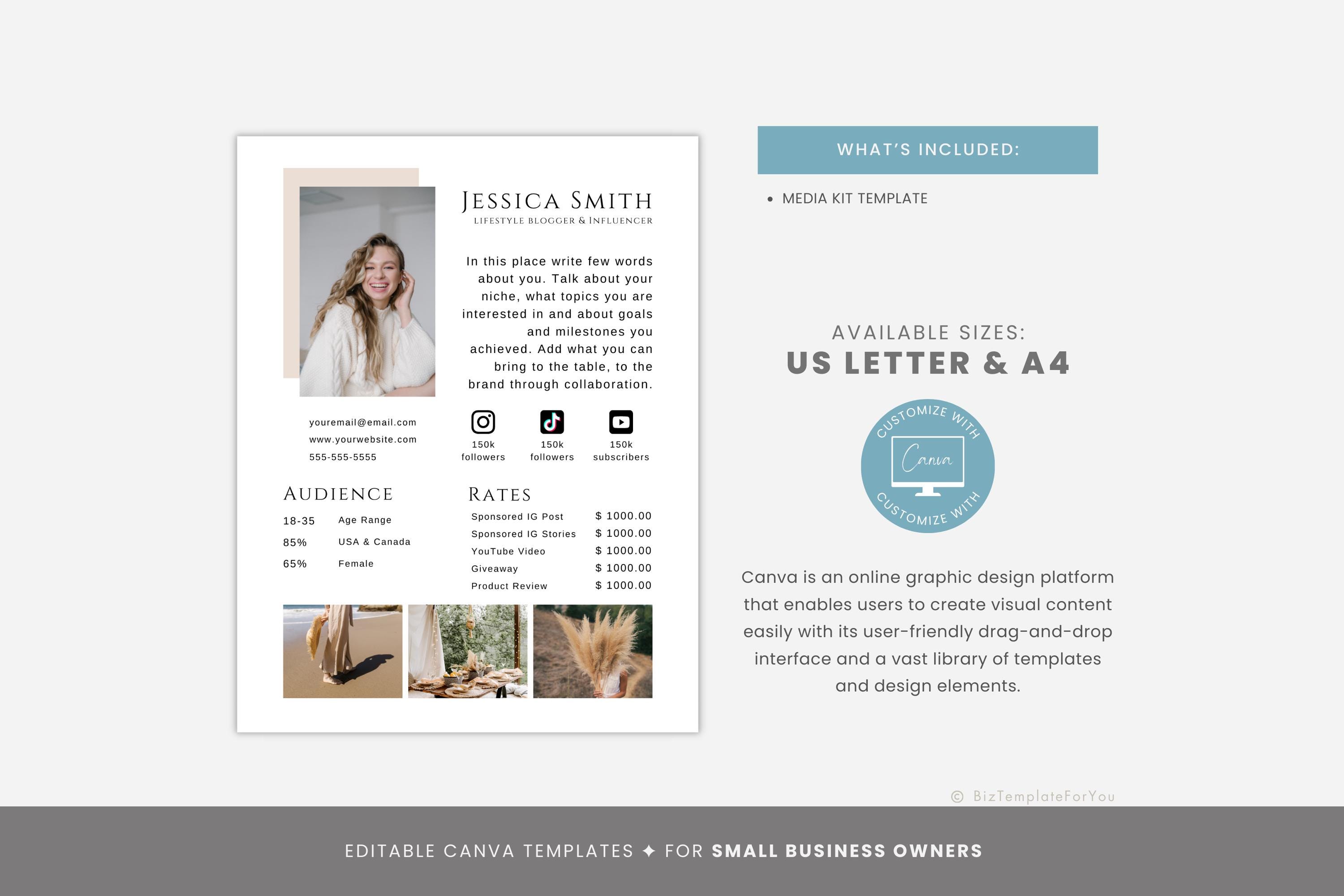 1 Page Media Kit Template, Editable Influencer Media Kit, Influencer ...