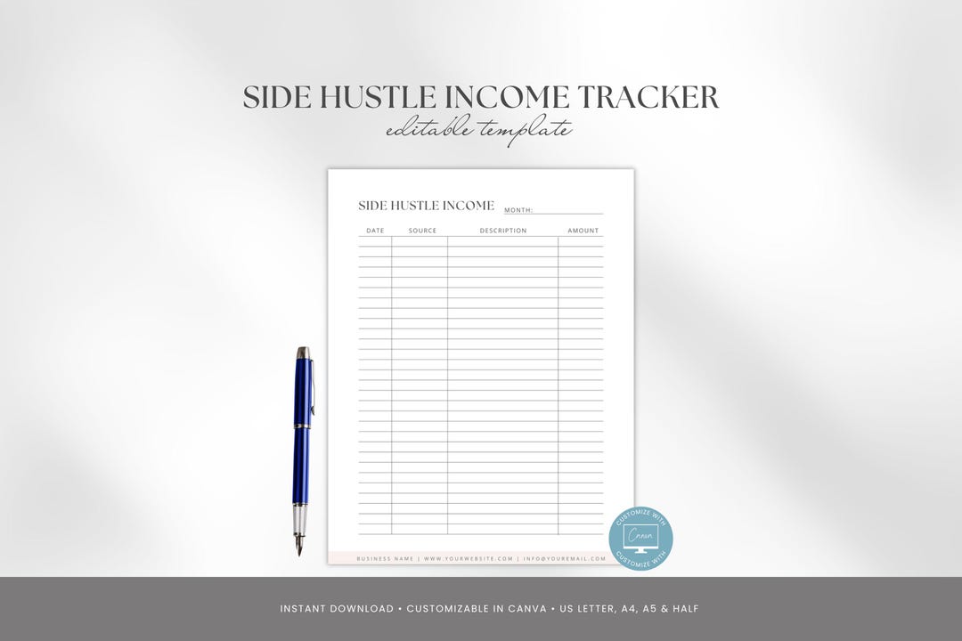 Side Hustle Income Tracker Template, Monthly Earnings Log, Small ...