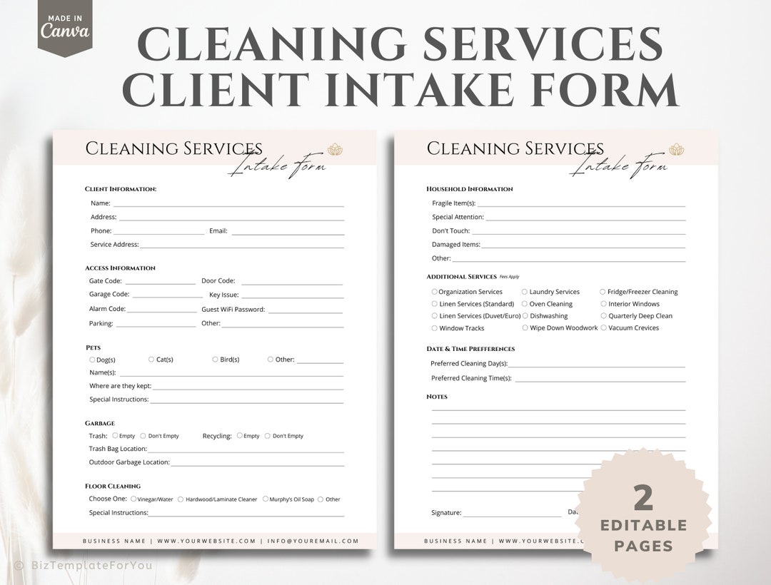 Cleaning Services Client Intake Form Editable Residential and - Etsy