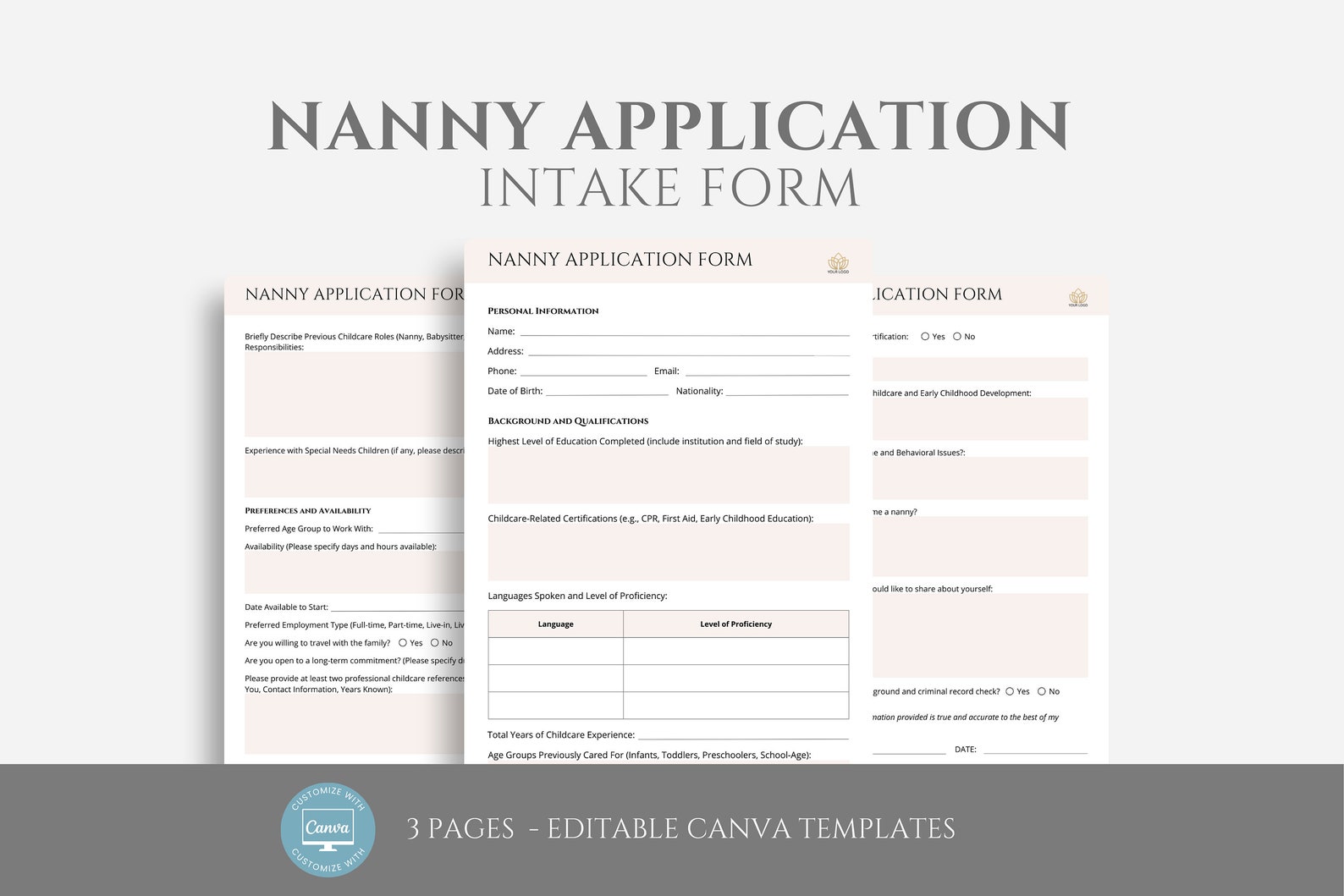 Nanny Agency - Nanny Application Intake Form Template, Editable Nanny ...