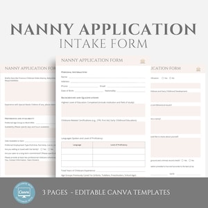 Nanny Agency - Nanny Application Intake Form Template, Editable Nanny ...