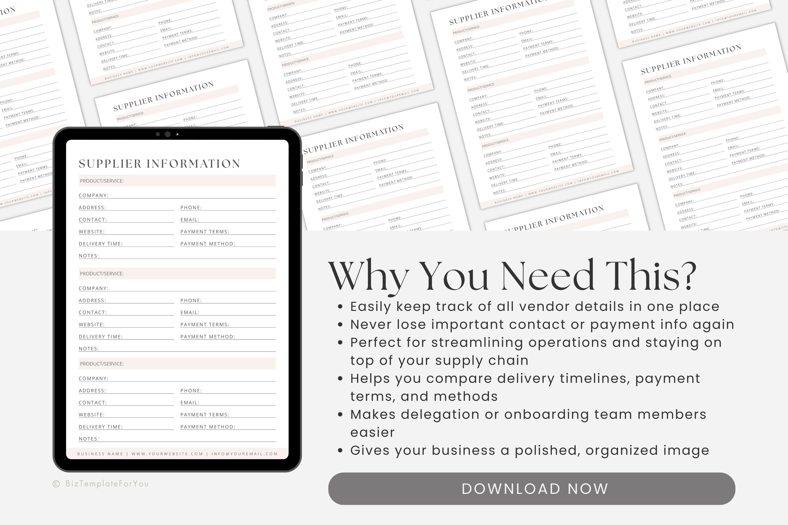 Editable Supplier Information Sheet Template, Vendor Contact Tracker ...