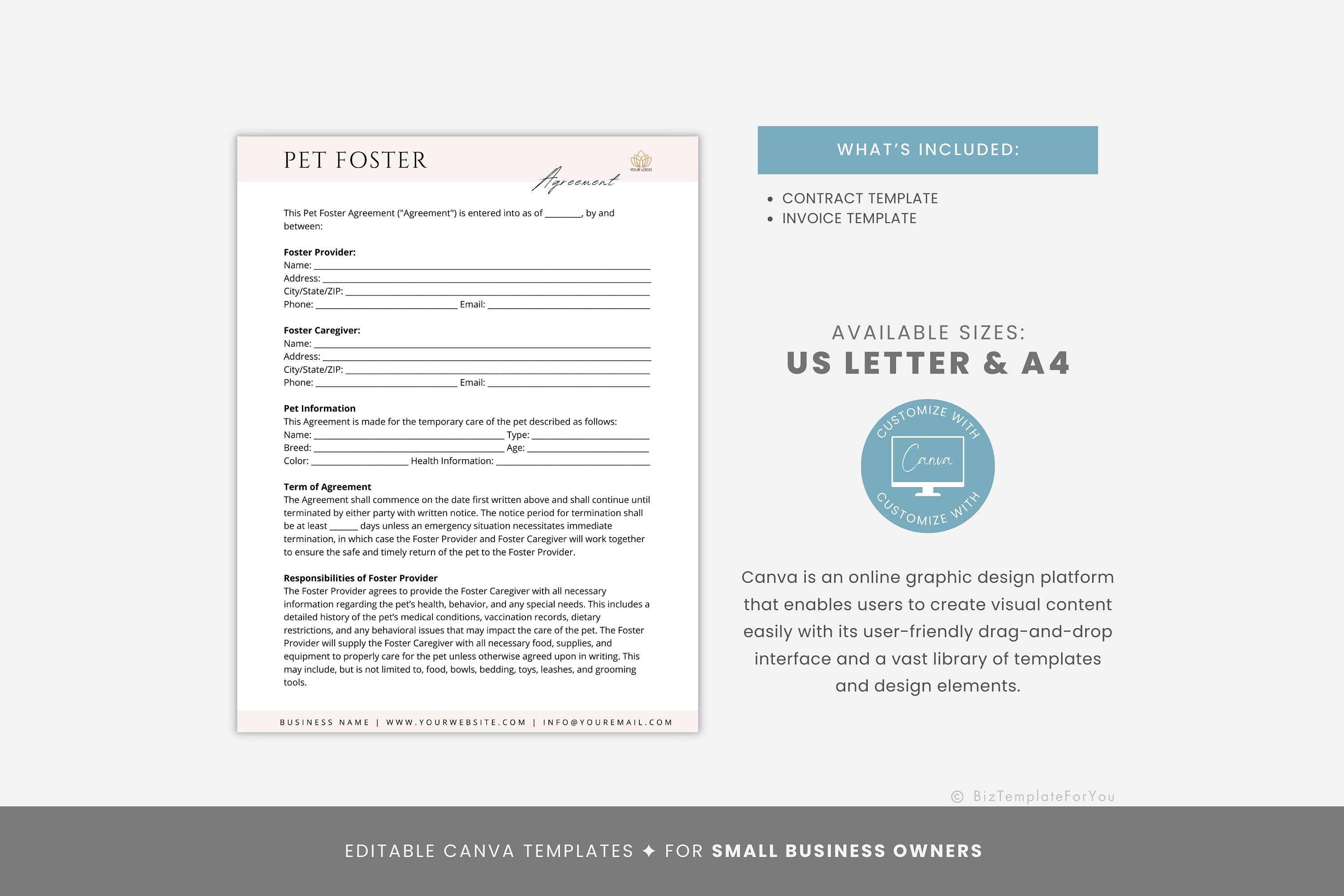 Editable Pet Foster Contract Template, Dog Foster Templates, Animal ...