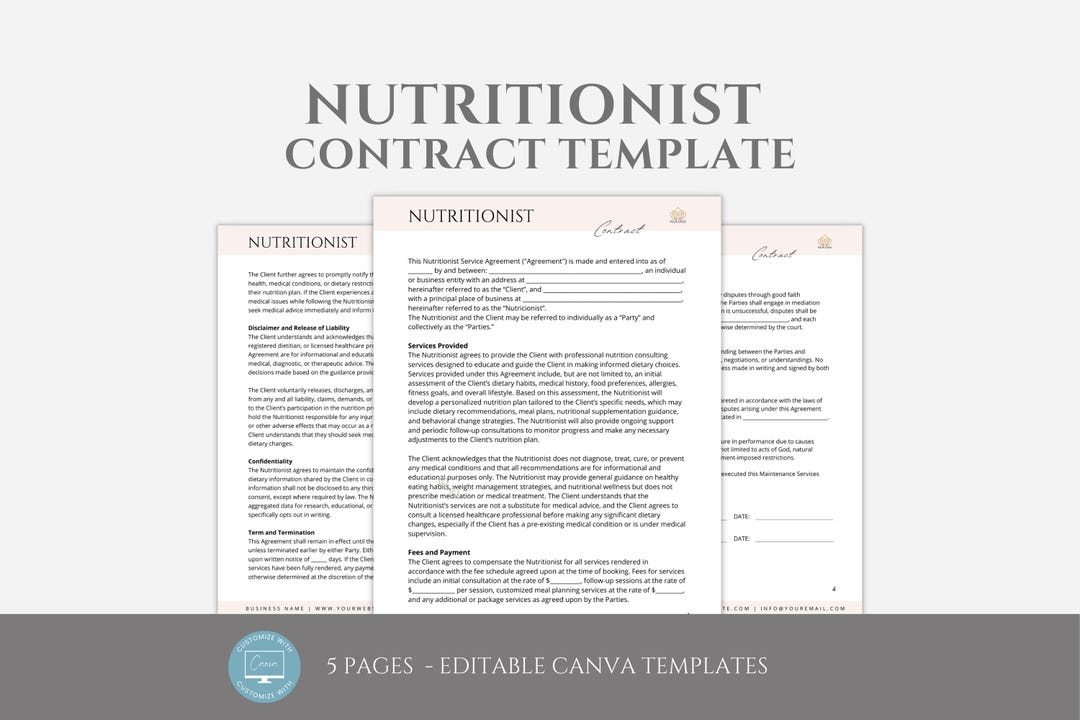 Editable Nutritionist Contract Template, Canva Editable, Nutrition Coaching Forms, Service ...
