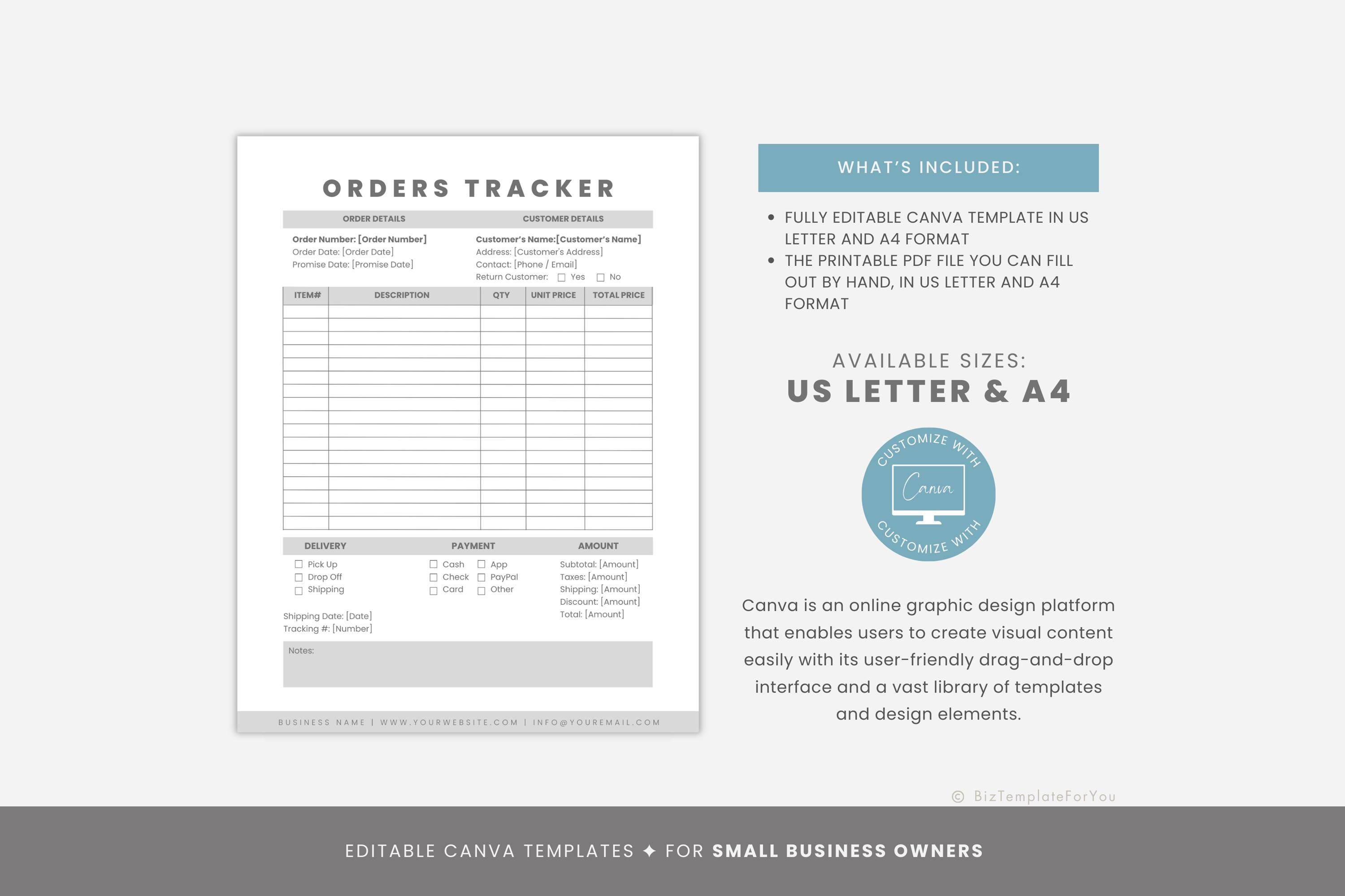 Editable Order Tracker Form Template, Printable Order History Sheet ...