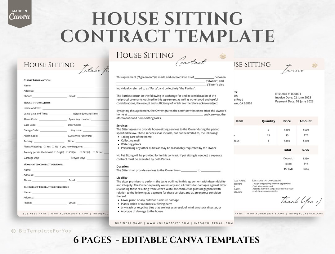 Editable House Sitting Contract Template House Sitter - Etsy