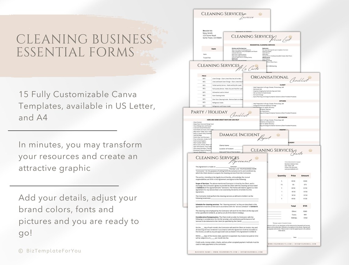 Cleaning Services Business Forms Bundle Editable Contract - Etsy