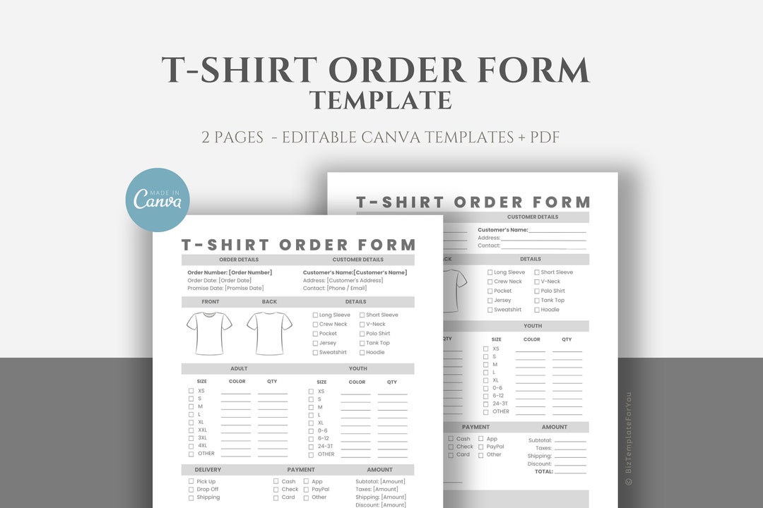 Editable T-shirt Order Form Template, Printable T-shirt Order Form ...