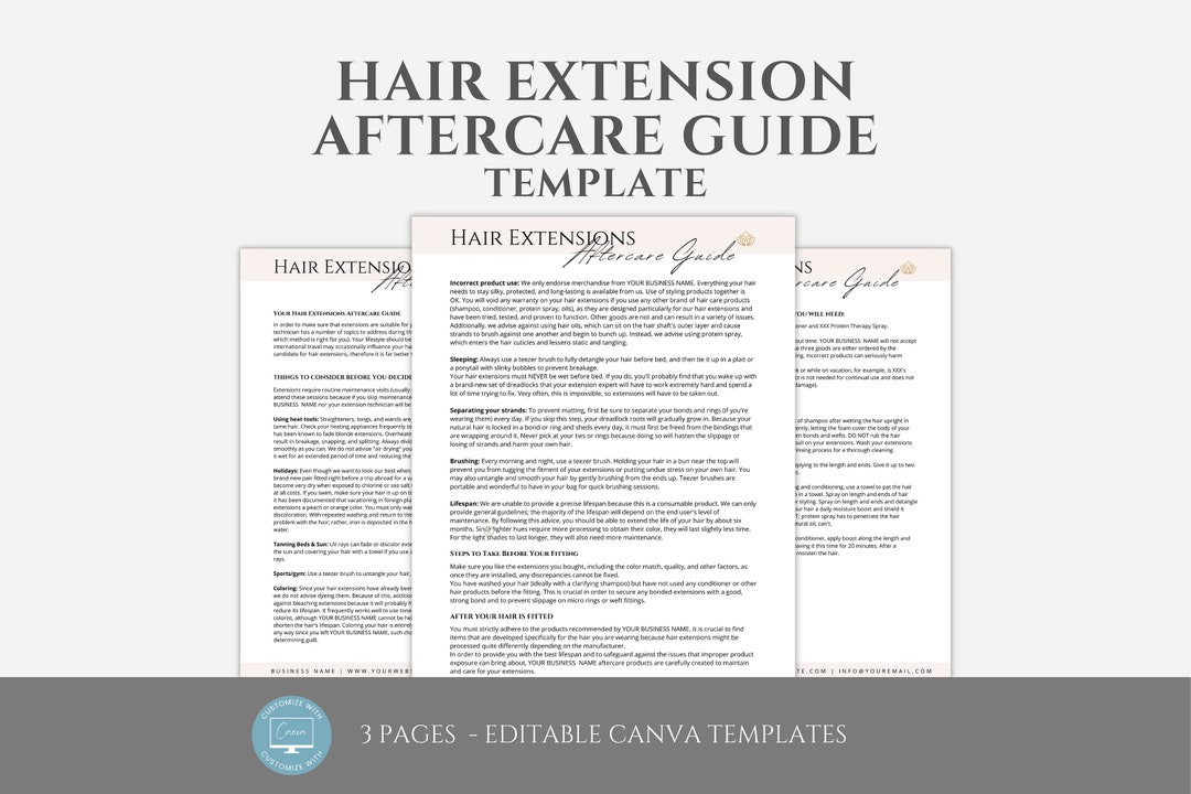 Editable Hair Extensions Aftercare Cards Template, Hair Extension Care ...