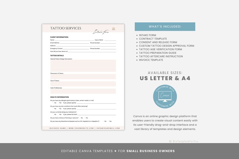 Editable Tattoo Artist Forms Bundle, Tattoo Contract Template, Tattoo ...