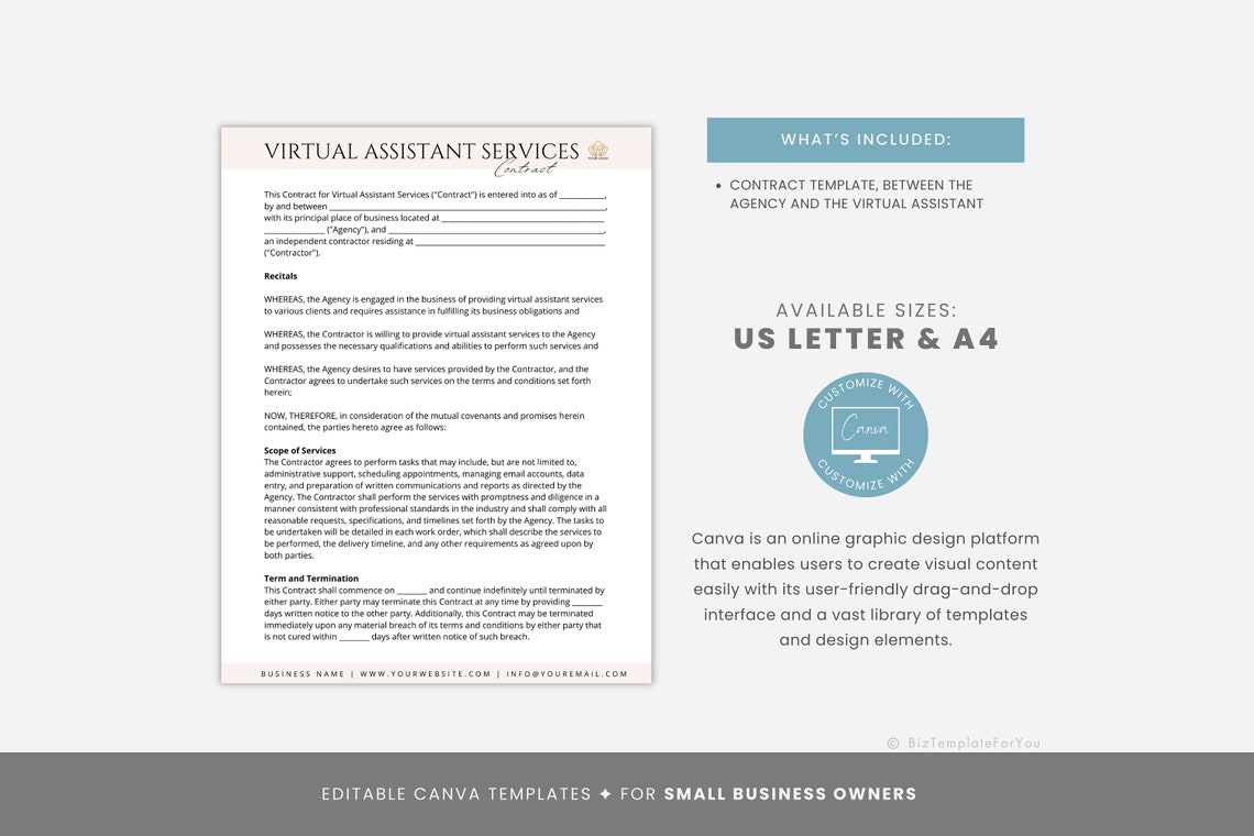 Editable Virtual Assistant Agency Employment Contract Template, Service ...