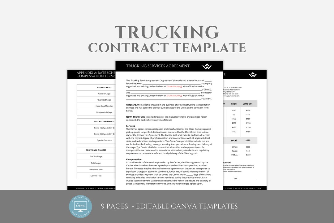 Editable Trucking Contract Template, Professional Trucking Service ...