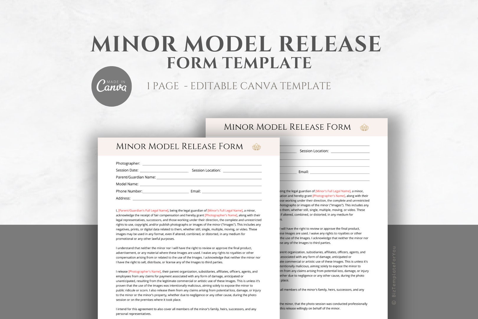 Editable Minor Model Release Form Template for Photographers, Minor ...