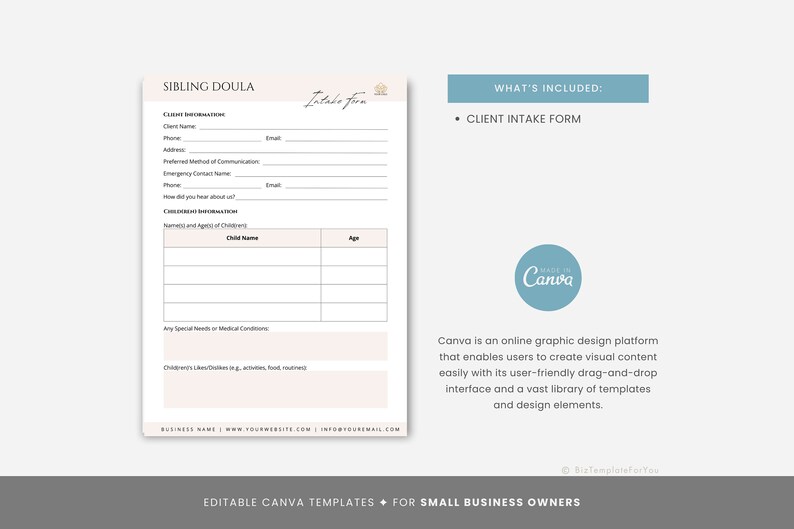 Editable Sibling Doula New Client Intake Form Template, Doula Business ...