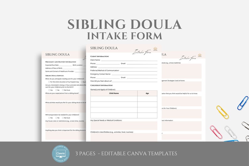 Editable Sibling Doula New Client Intake Form Template, Doula Business ...