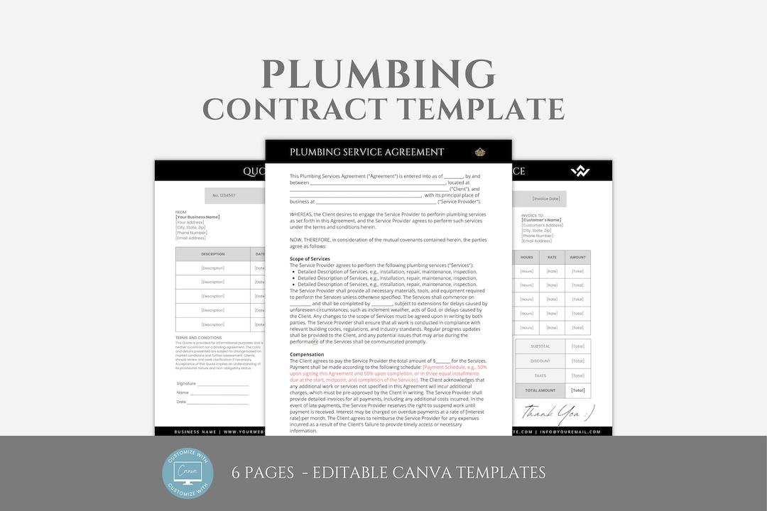 Editable Plumbing Contract Template, Professional Plumbing Service ...