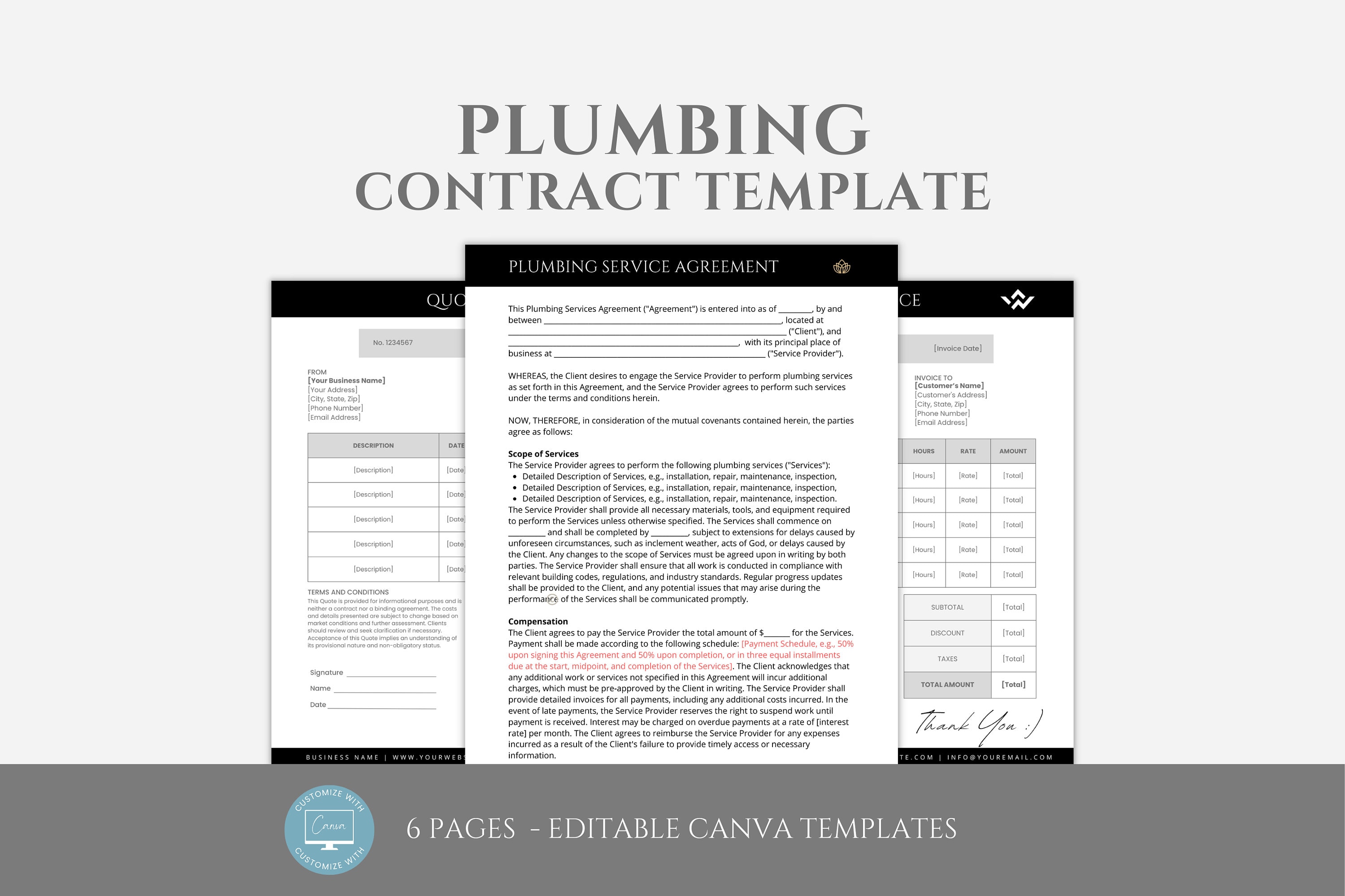 Editable Plumbing Contract Template, Professional Plumbing Service ...