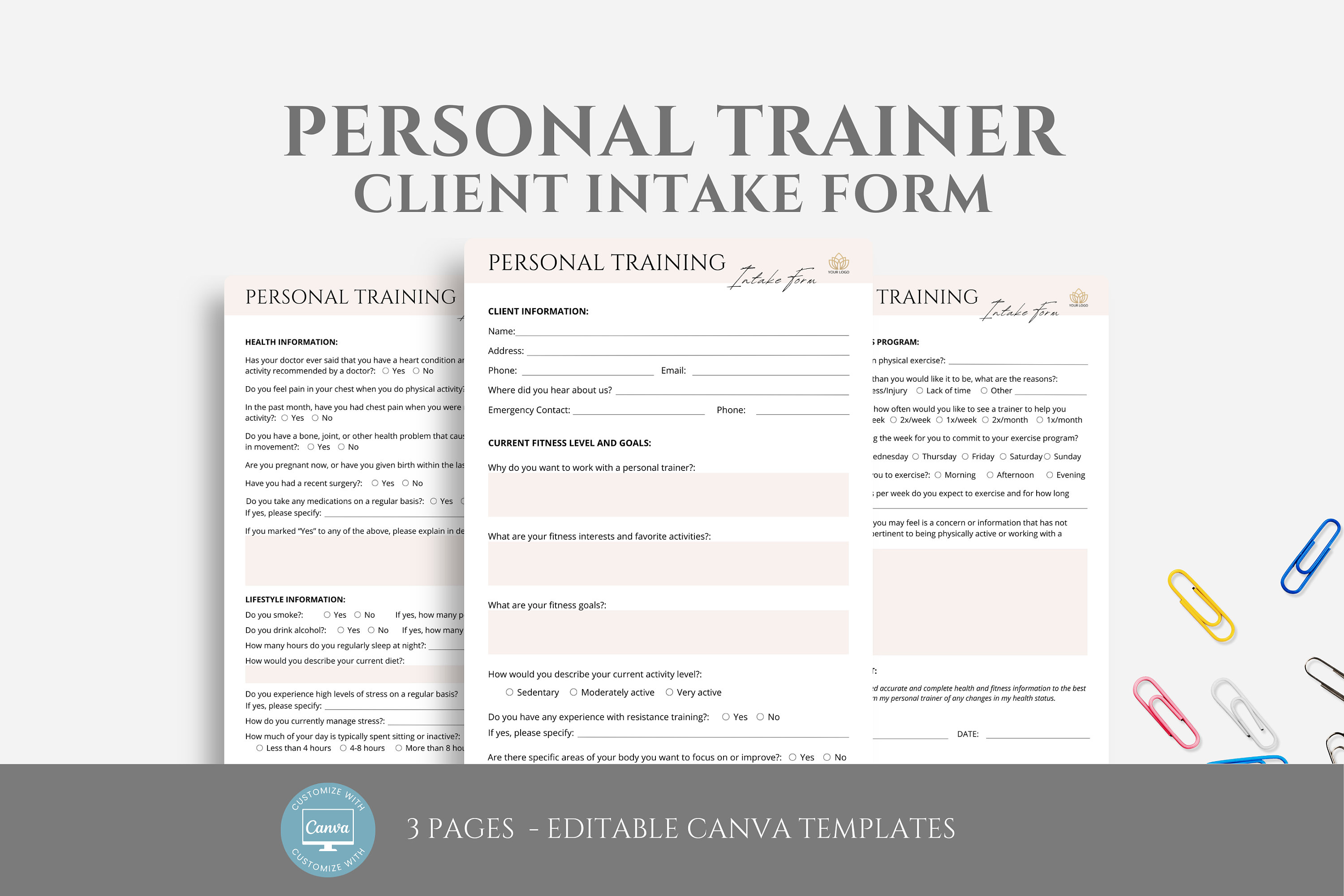 Editable Personal Trainer Client Intake Form, Personal Training ...