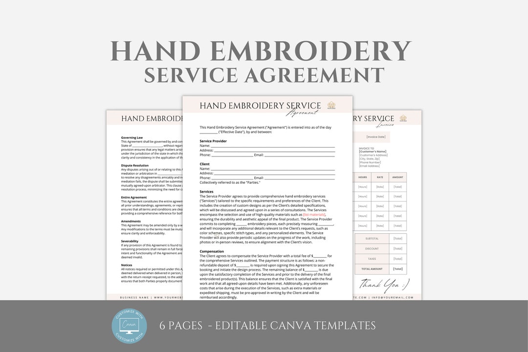 Editable Hand Embroidery Service Agreement Template, Hand Embroidery ...