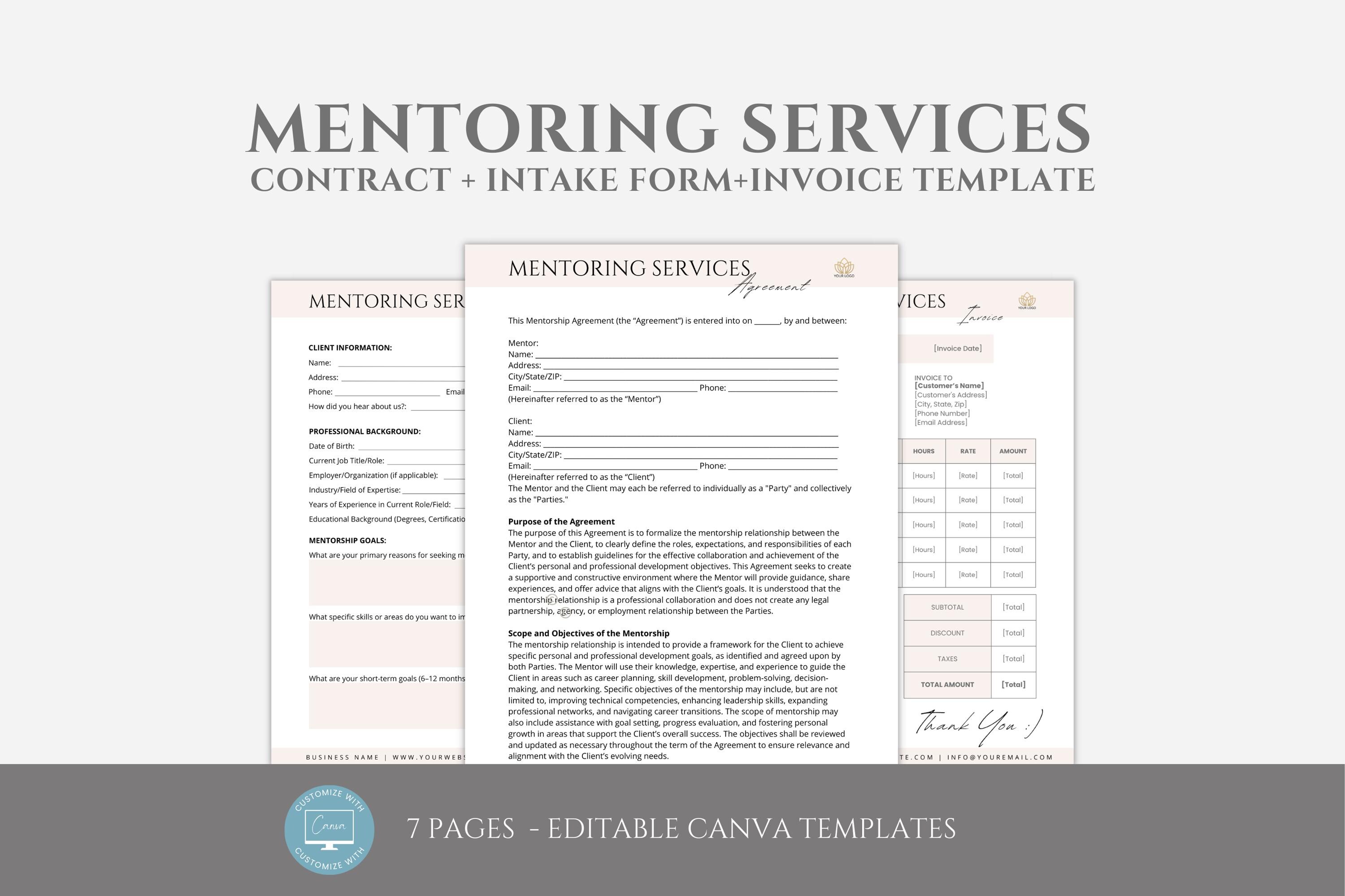 Editable Mentoring Contract Template, Mentorship Agreement, Intake Form ...