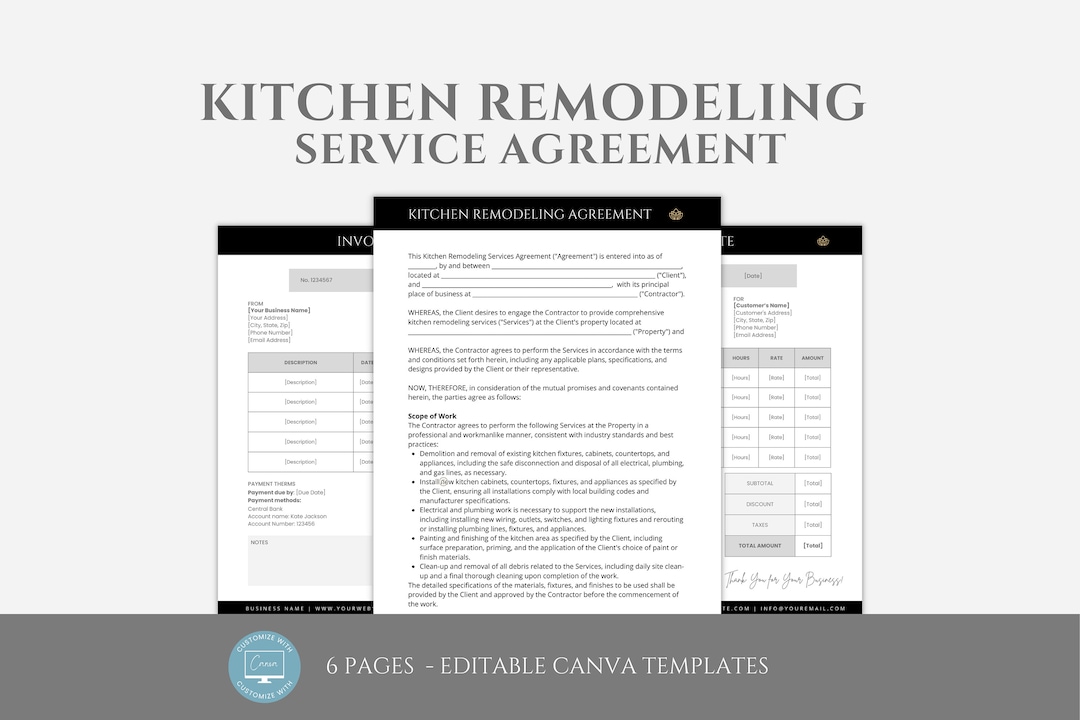 Editable Kitchen Remodeling Service Agreement, Custom Kitchen Contract ...