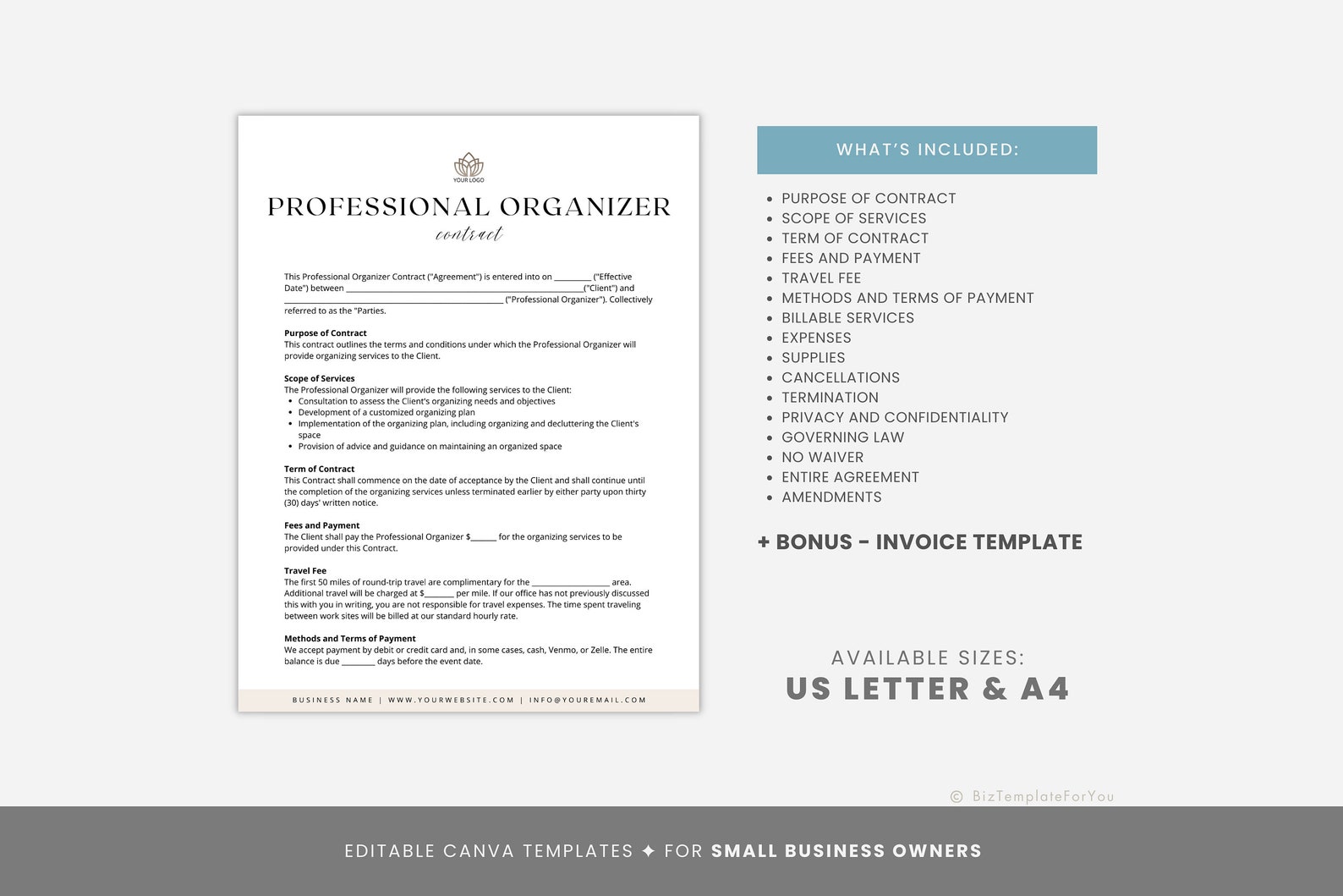 Editable Professional Organizer Contract Template, Client Intake Form ...